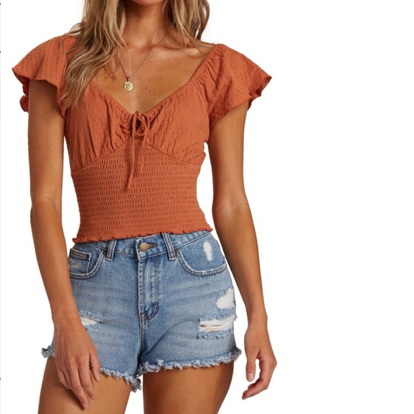Billabong | Tops | Billabong Secret Spot Smocked Ruffle Sleeve Top ...
